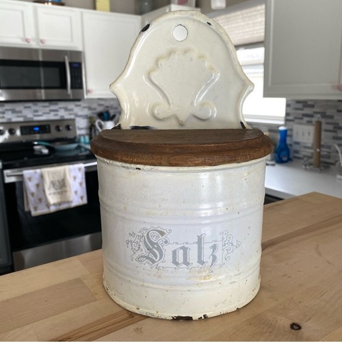 Antique German Shabby Salt SALZ box Wooden Lid Enamelware Graniteware ...