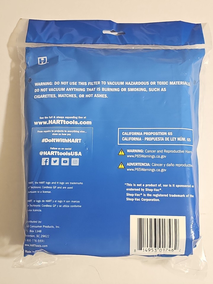 Hart 6-16 Gallon 3 Pack STANDARD VACUUM DUST BAGS VDBM 3701 Shop-Vac ...