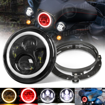 7"inch LED Halo Headlight + Bracket Mounting Ring For Harley Davidson ...