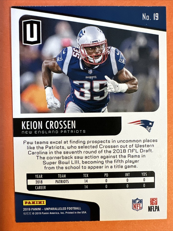 2019 Panini Unparalleled Keion Crossen #19 RC New England Patriots ...