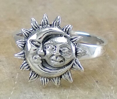 CUTE 925 STERLING SILVER MOON FACE AND SUN FACE RING size 5 style ...