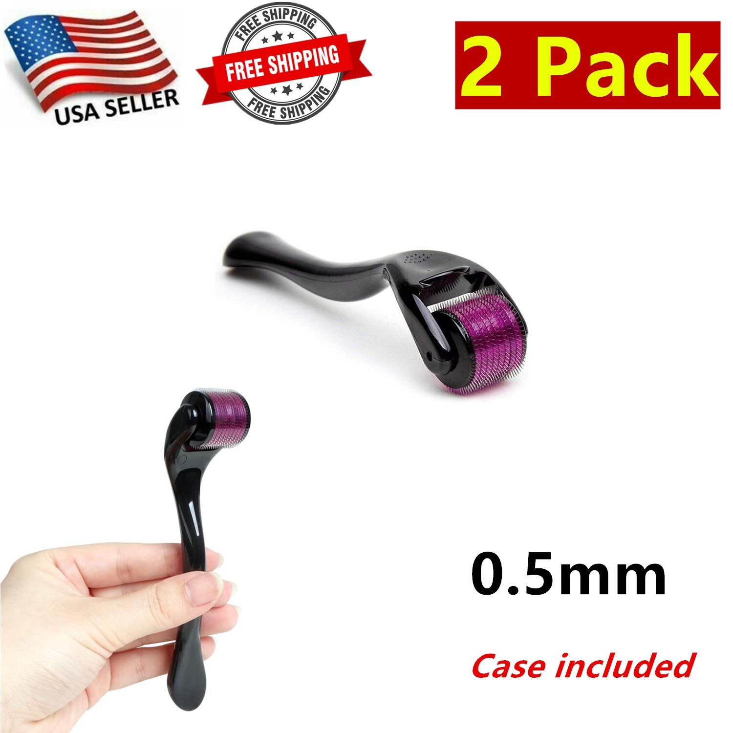 2 Pack of 0.5mm 540 Titanium Microneedle Scar Facial Derma Roller ...