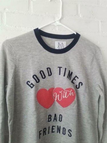 ZOE KARSSEN GOOD TIMES BAD FRIENDS SWEATER EMBROIDERED Cashmere S GRAY ...