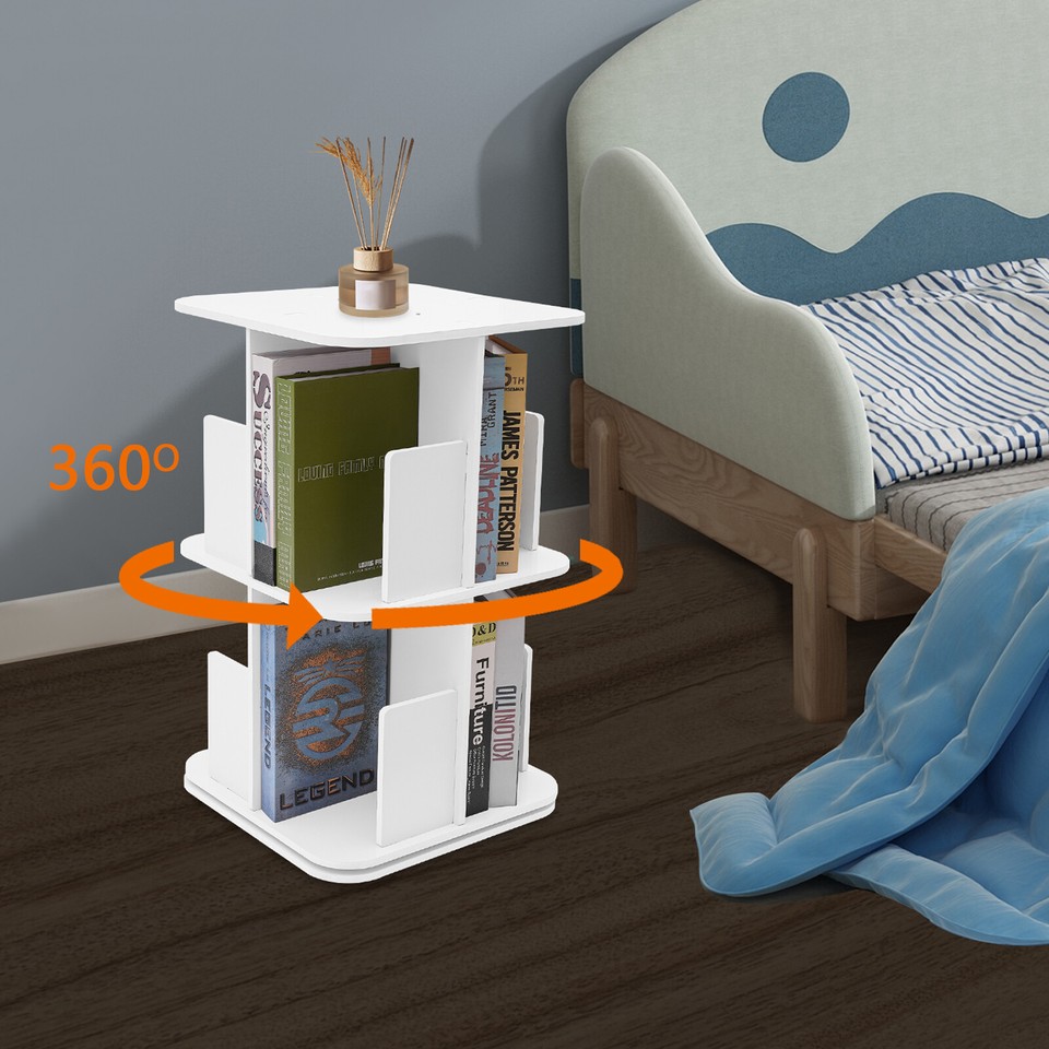 360 Rotating Bookshelf White 2 Tier Standing Bookcase Small Corner Bookcase | eBay