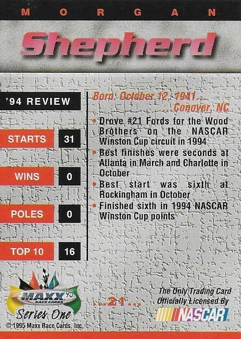MORGAN SHEPHERD AUTOGRAPHED 1995 MAXX SERIES ONE RACING NASCAR TRADING ...
