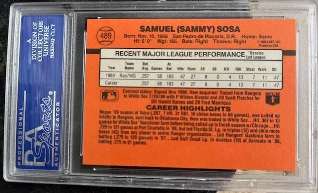 1990 Donruss #489 Sammy Sosa Rookie RC PSA 10 Gem Mint White Sox ...