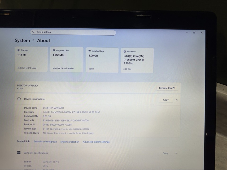 Asus K73S Laptop GT540m GPU Intel I7-2620M 2.7GHz 8gb RAM 256gb SSD 1tb ...