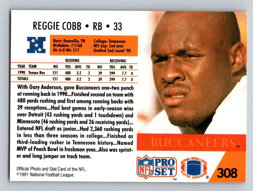 1991 Pro Set Reggie Cobb #308 Tampa Bay Buccaneers | eBay