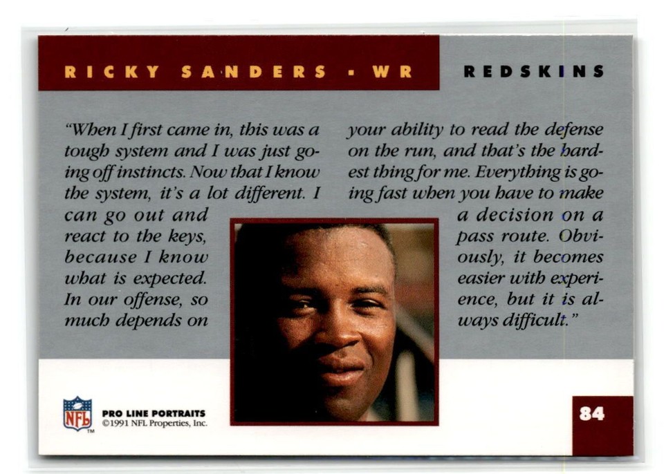 1991 Pro Line Portraits FOOTBALL #84 Ricky Sanders Washington Redskins ...