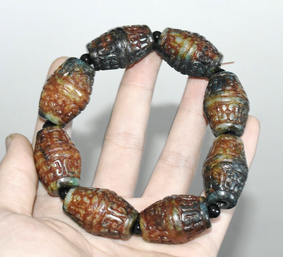 13.5CM Chinese Old Jade Carve Handstring Yucong Yu Cong Zong Bracelet ...