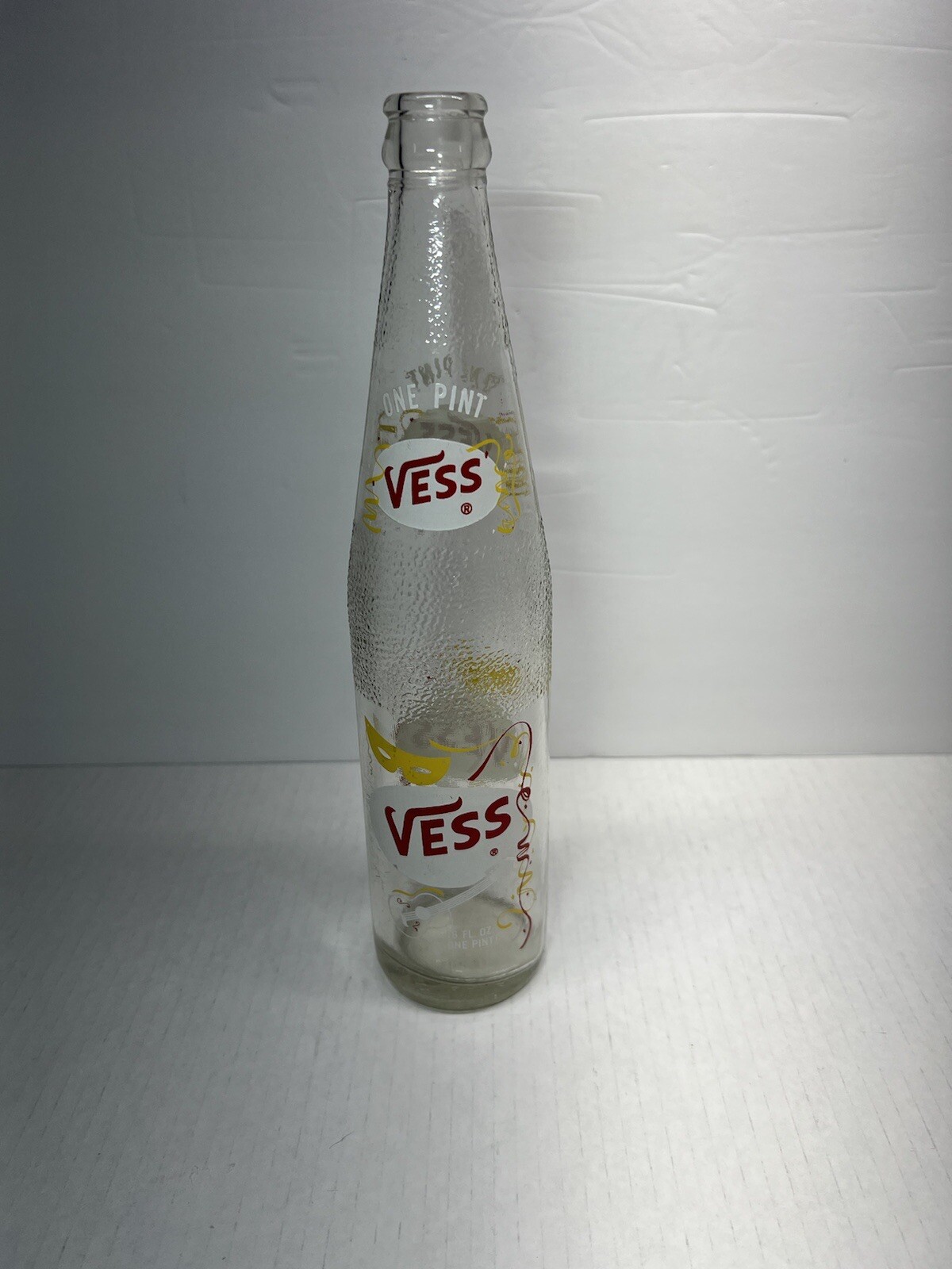 Vintage Vess Soda Pop Bottle 16 oz Two Sided Guitar Mask Mardi Gras ...