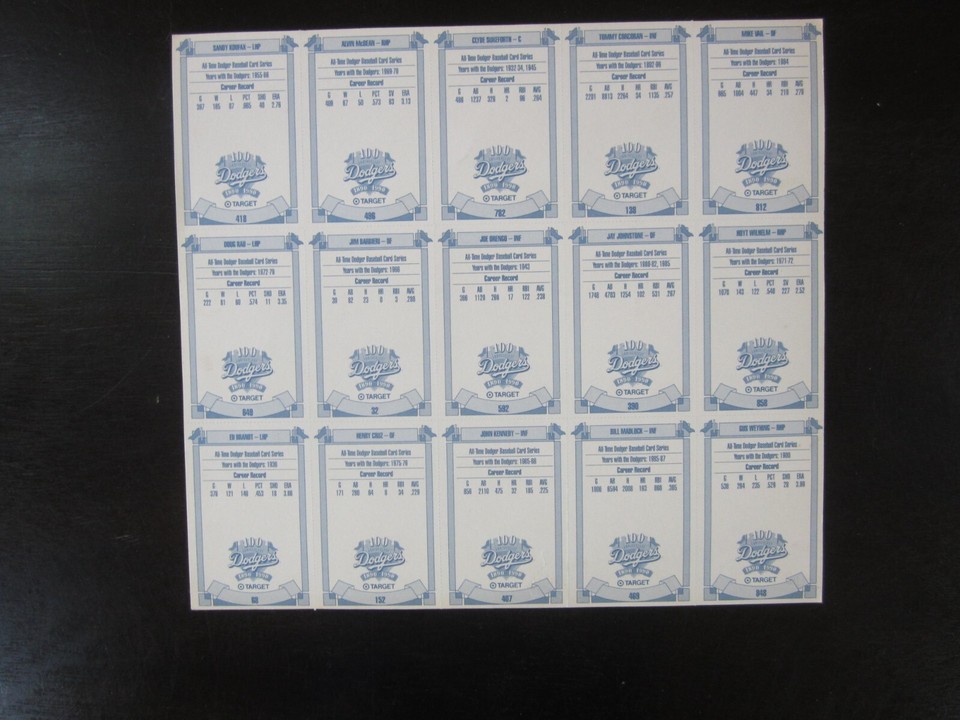 1990 Target 100 Anniversary 15 Card Sheet Sandy Koufax Hoyt Wilhelm ...
