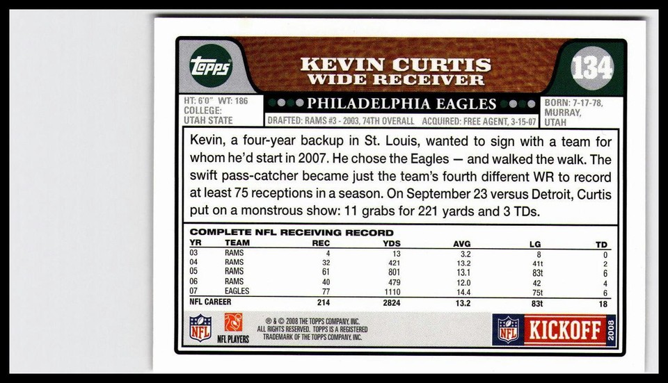 2008 Topps Kickoff #134 Kevin Curtis Philadelphia Eagles | eBay