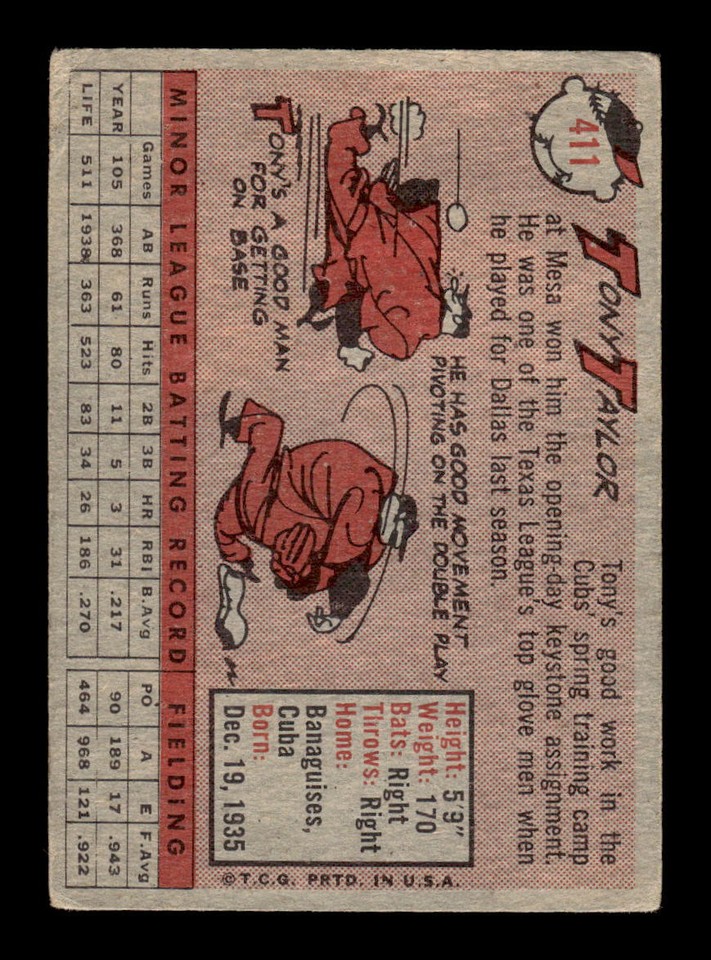 1958 Topps Baseball #411 Tony Taylor RC CREASED Very Good Chicago Cubs ...