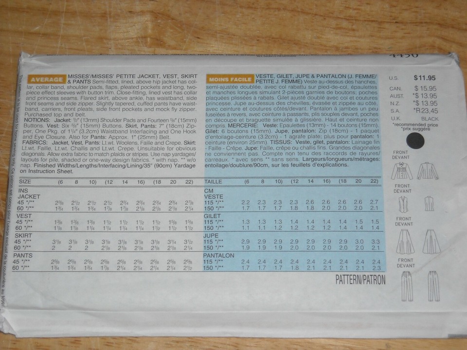 🌼 BUTTERICK #4450-LADIES (GREAT FOR DENIM)JACKET-VEST-PANT-SKIRT ...