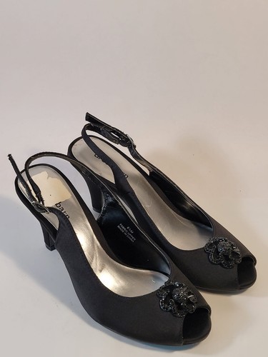 Dressbarn Women's Black Peep Toe Slingback Heels Shoes Rose Rhinestones ...
