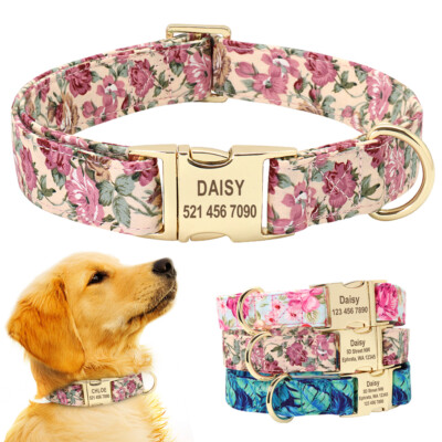 Fancy Floral Personalised Dog Collars Heavy Custom Name ID Collar Tag ...