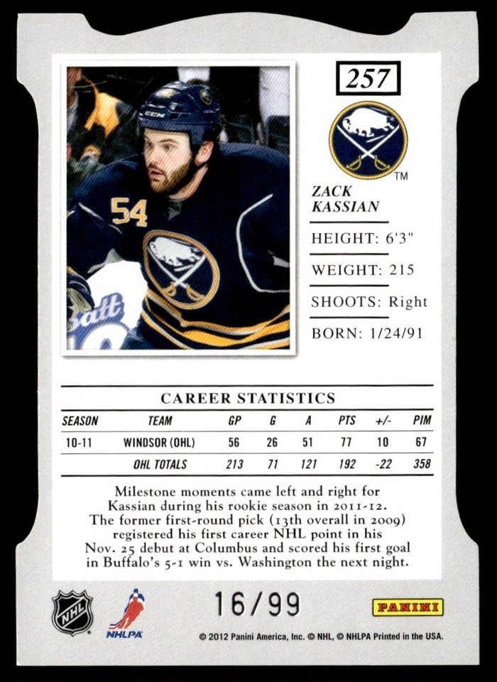 2011-12 Panini Elite Aspirations Die-Cut Zack Kassian RC 16/99 Buffalo ...