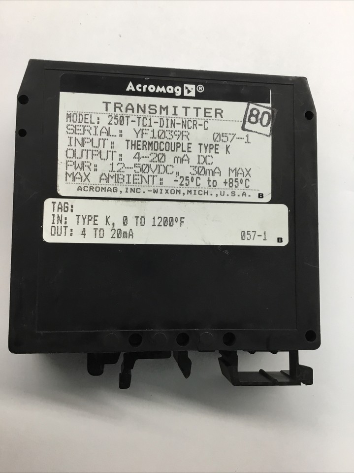 Acromag 250T Type K Thermocouple 4-20mA Transmitter 0-1200 Degrees F 12 ...