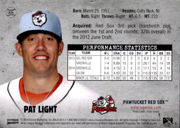 2015 Pawtucket Red Sox Choice #24 Pat Light Colts Neck New Jersey ...