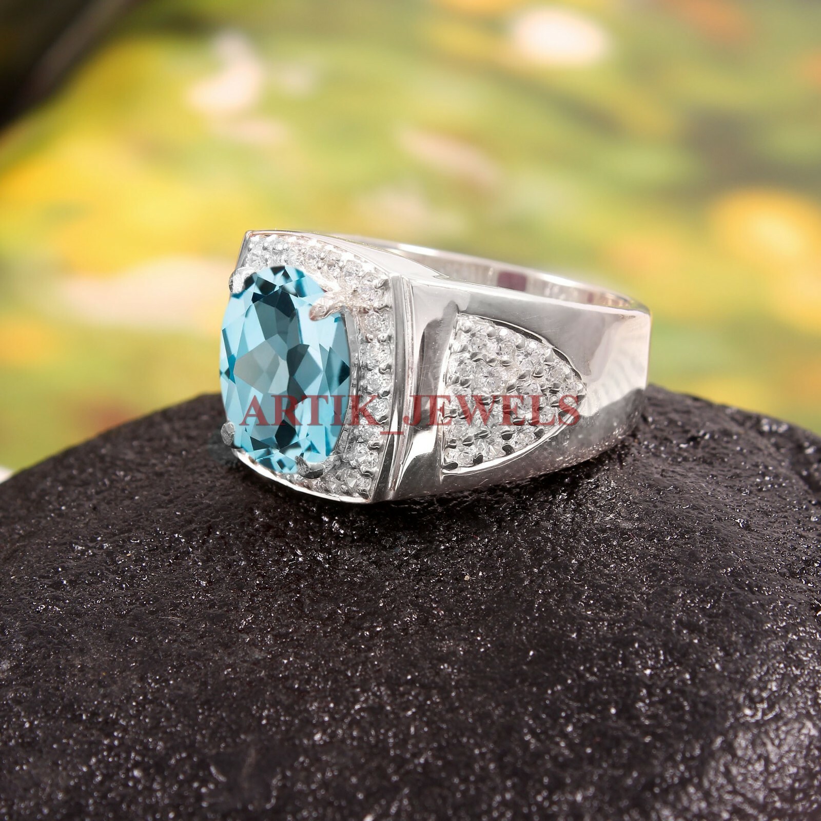 Natural Blue Topaz Gemstone with 925 Sterling Silver Ring for Men's ...