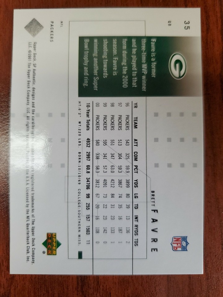 2001 SP Authentic Brett Favre card #35 | eBay