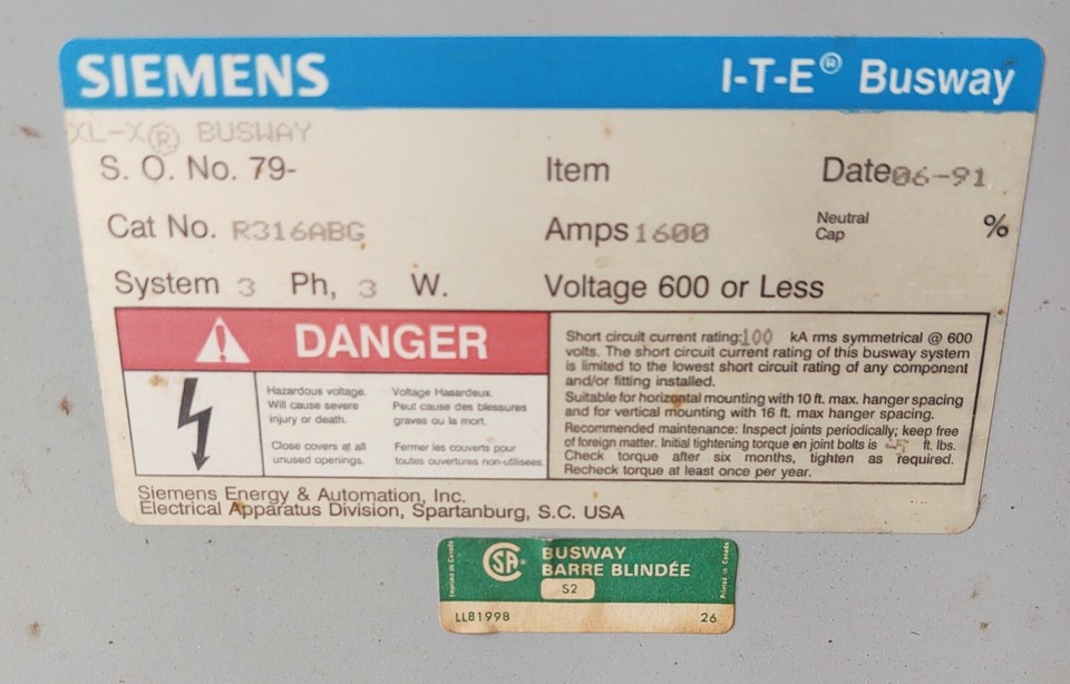 🔥 Siemens ITE 1600 Amp 600V R316ABG Busway End Tap Box 3P 3W Busway | eBay