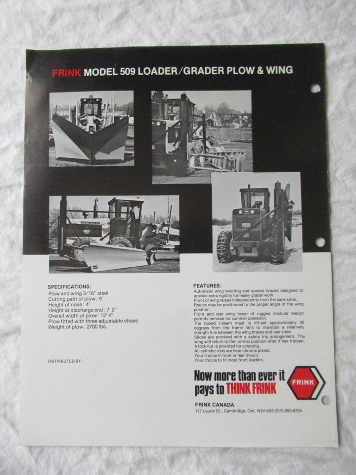 Frink 509 Grader Loader Snow Plow Snowplow Removal Specification Sheet ...