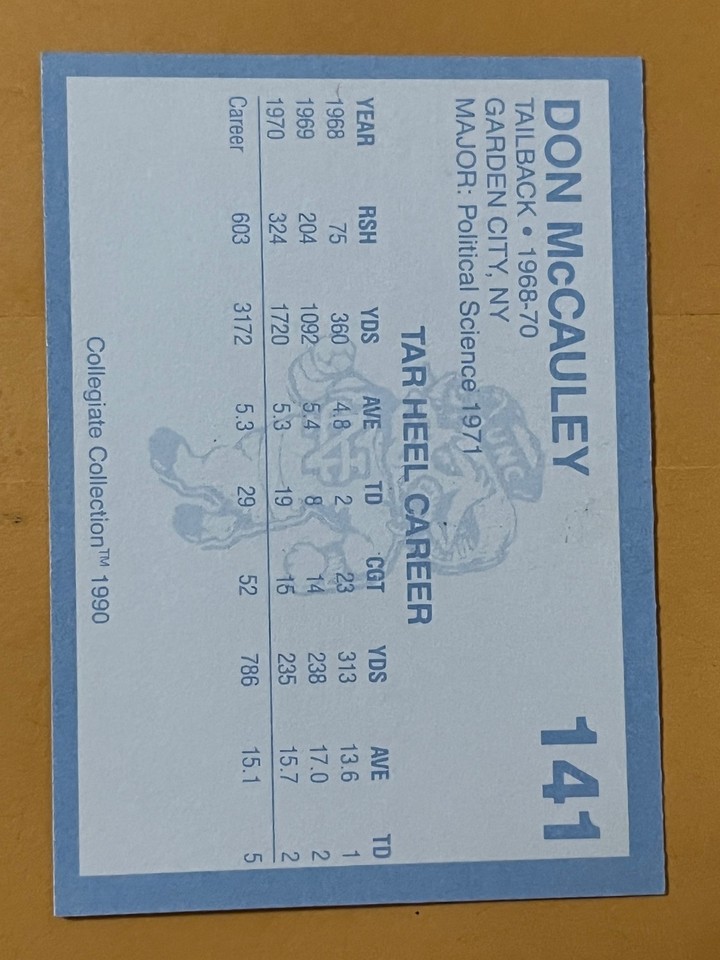 DON McCAULEY 1990 Collegiate Collection #141 AUTO CARD North Carolina ...