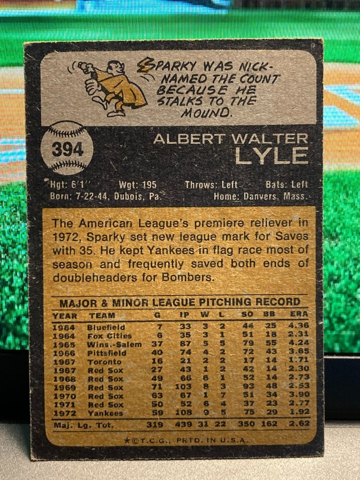 1973 Topps #394 Sparky Lyle Baseball Card New York NY Yankees MLB | eBay