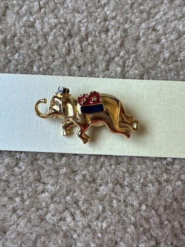 Monet Elephant Brooch Vtg Gold Tone Republican Stars Rhinestones Lucky ...
