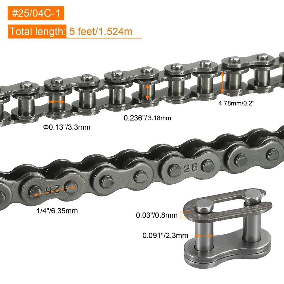 5Ft 240 Links #25/04C-1 Roller Chain BIKES MOTORCYCLES 1/4" Pitch ...