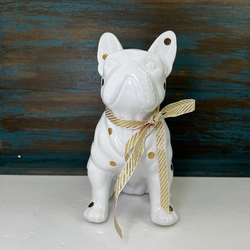 Ceramic French Bulldog Figurine Statue Gold Polka Dots & Ribbon ...