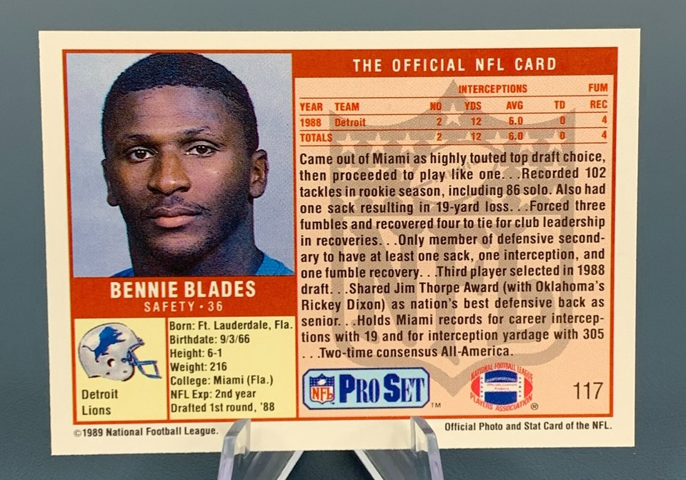 1989 NFL Pro Set Bennie Blades Card #117 Detroit Lions Football ...