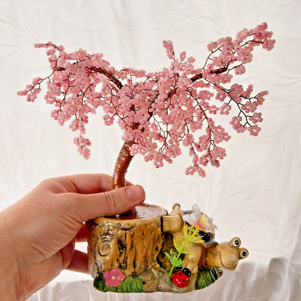 Cherry Blossom Glass Bead Copper Wire Tree Sculpture Artisan Handmade ...
