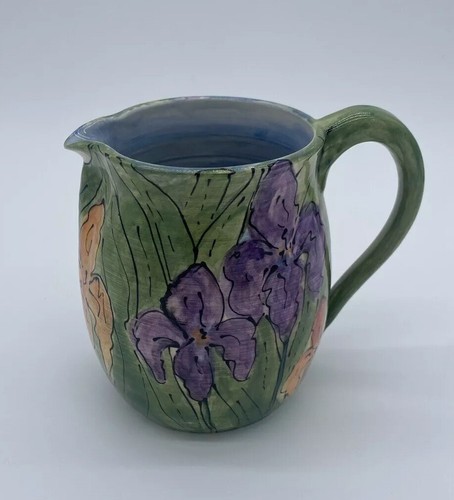 Ceramic Pitcher Hand Painted Glazed Flowers Iris Pottery 6” Tall Green ...