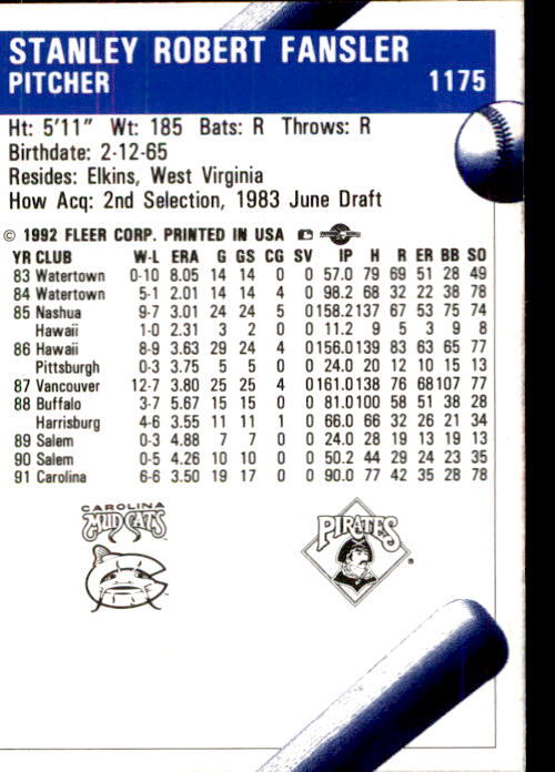 1992 Carolina Mudcats Fleer/ProCards #1175 Stan Fansler Elkins West ...