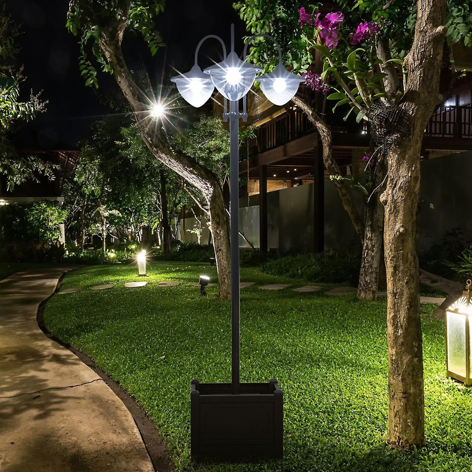 3-head LED Solar Light Lamp Street Light Post with Planter Base, Black ...