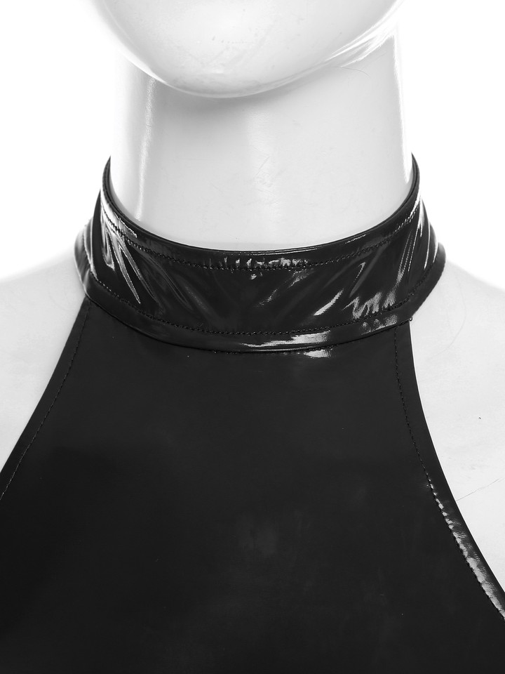 Womens Wet Look Leather Lingerie Bodycon Catsuit Halter Bodysuit Thong ...