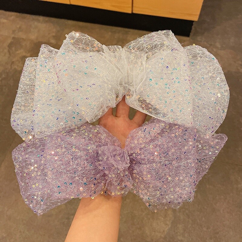 Large Bowknot Fish Scale Net Yarn Ponytail Clip Cloud Top Clip Spring ...