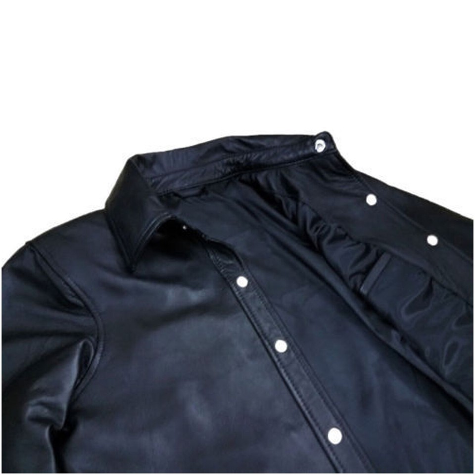 Men's Collared Police Uniform Shirt Genuine Soft Lambskin Black Leather ...
