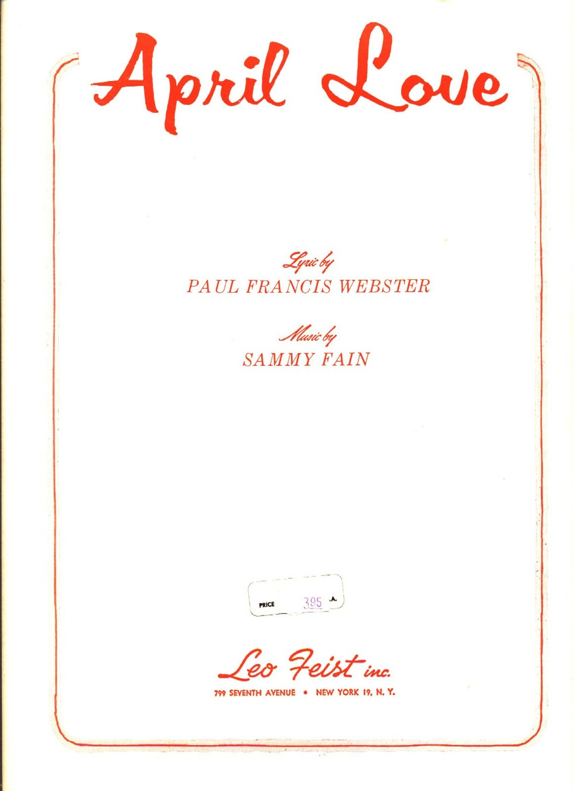 WEBSTER FAIN APRIL LOVE SHEET MUSIC PIANO/VOCAL EXTREMELY RARE 1957 NEW ...