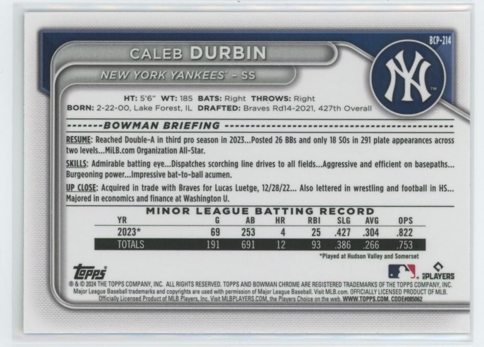2024 Bowman Chrome Baseball Prospects Gold Shimmer Refractor Caleb ...