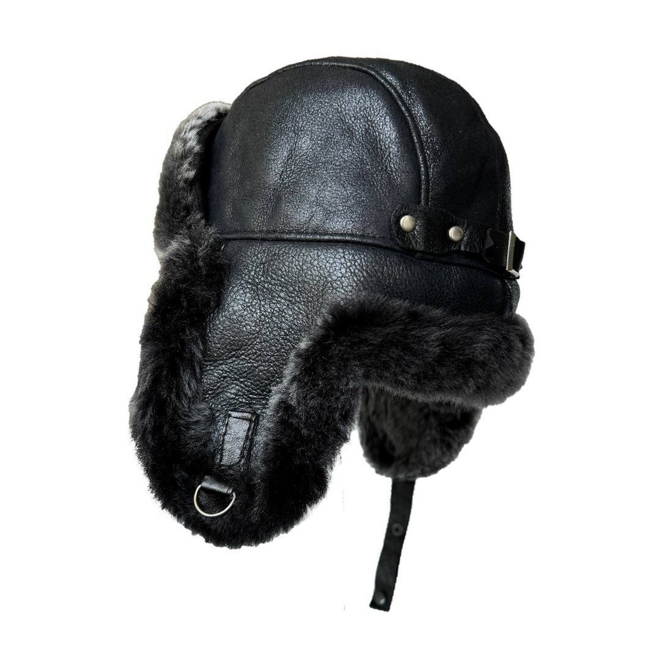 Unisex Genuine Shearling Sheepskin Leather Trapper Hat - Winter Aviator ...
