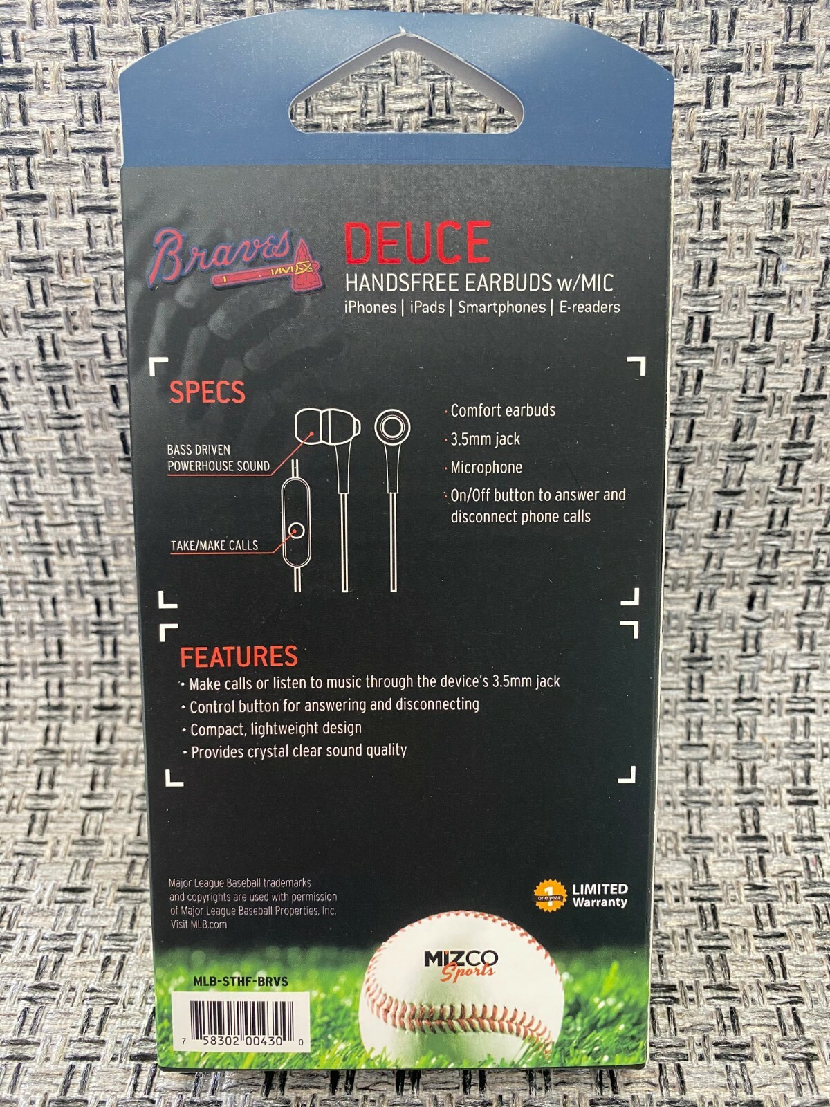 Atlanta Braves Deuce Handsfree Earbuds with Mic Mizco Brand MLB ...