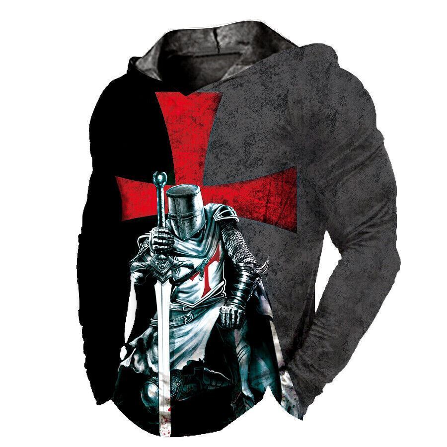 Men Hoodie Pullover Hooded Sweatshirt Knight Templar Cross Gray Soft ...