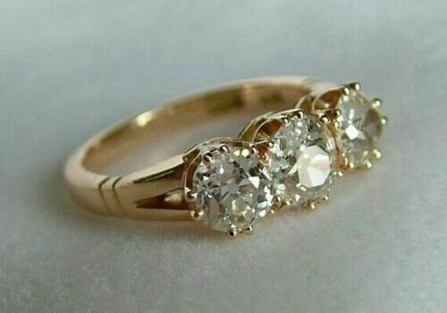 2.2Ct Round Cut Lab-Created Diamond 3 Stone Wedding Ring 14K Yellow ...