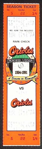 1991 Baltimore Orioles Rain Check Ticket MLB Baseball Memorial Stadium ...
