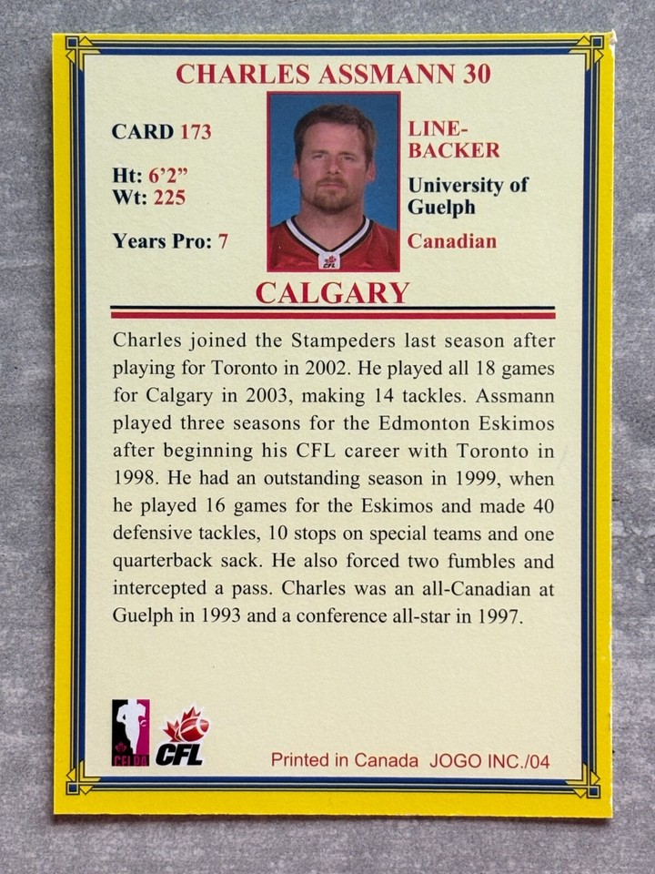 CHARLES ASSMANN Football's Dirtiest Funniest Name Real Trading Card ...