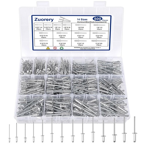 500pcs Pop Rivets Assortment Kit 14 Sizes Aluminum Blind Rivets 3/32" 1 ...